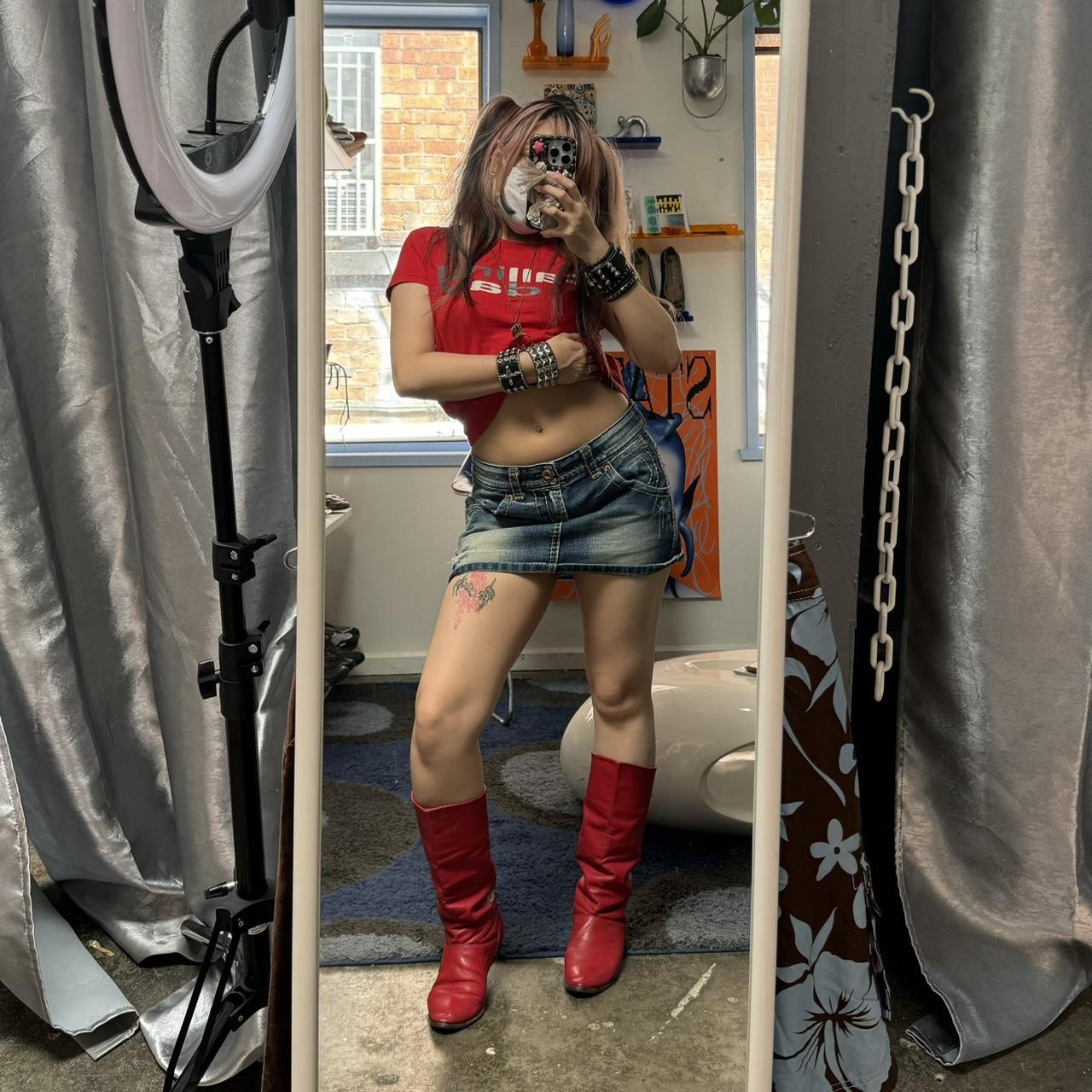 ☾⋆｡𖦹 ° chunky stitching denim mini skirt ☾⋆｡𖦹 ° ... | Depop