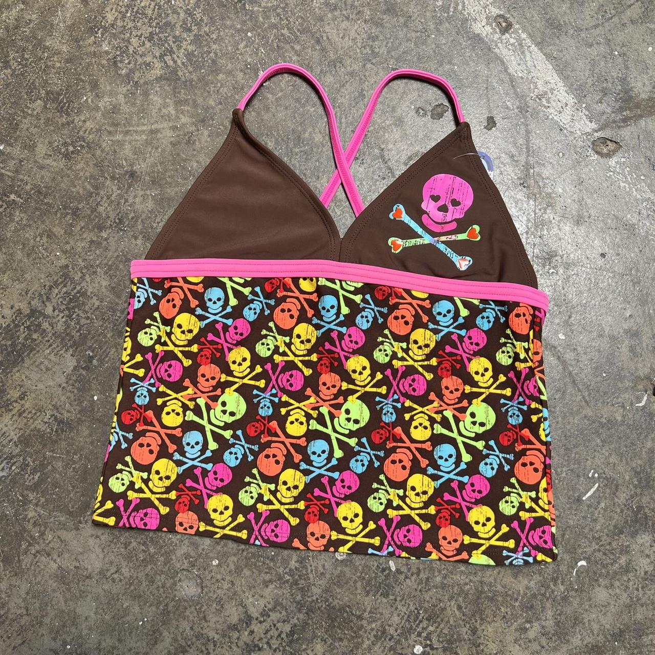 ☾⋆｡𖦹 ° brown tankini with rainbow skulls ☾⋆｡𖦹... - Depop