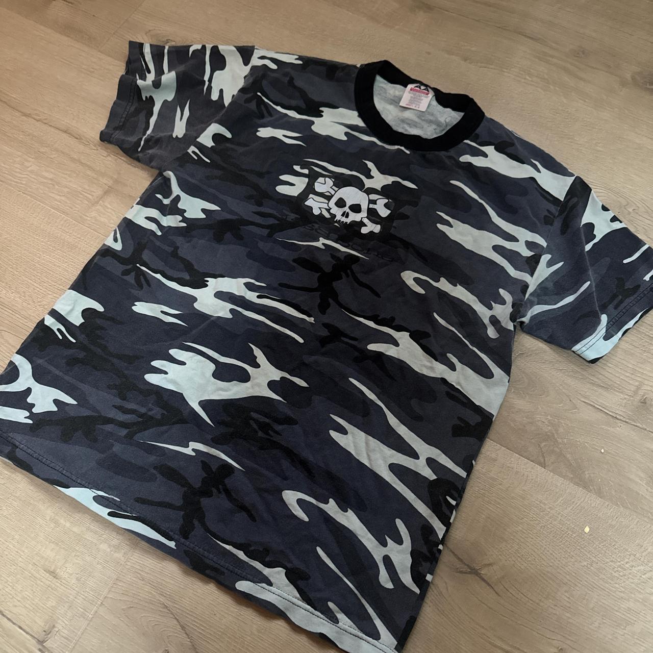 Black and white camo graphic tee with skull design... | Depop