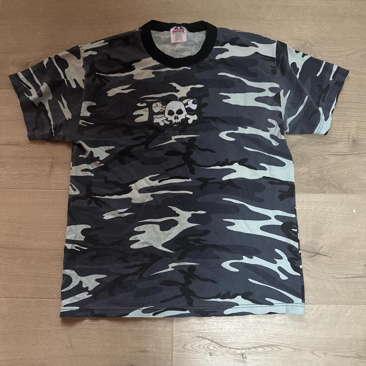 Black and white camo graphic tee with skull design... | Depop