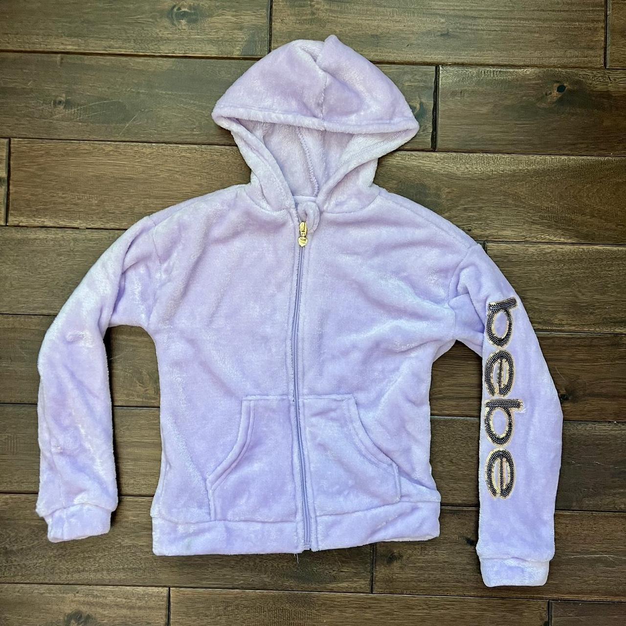 bebe hoodie pastel purple, fuzzy, sequin logo on the... - Depop