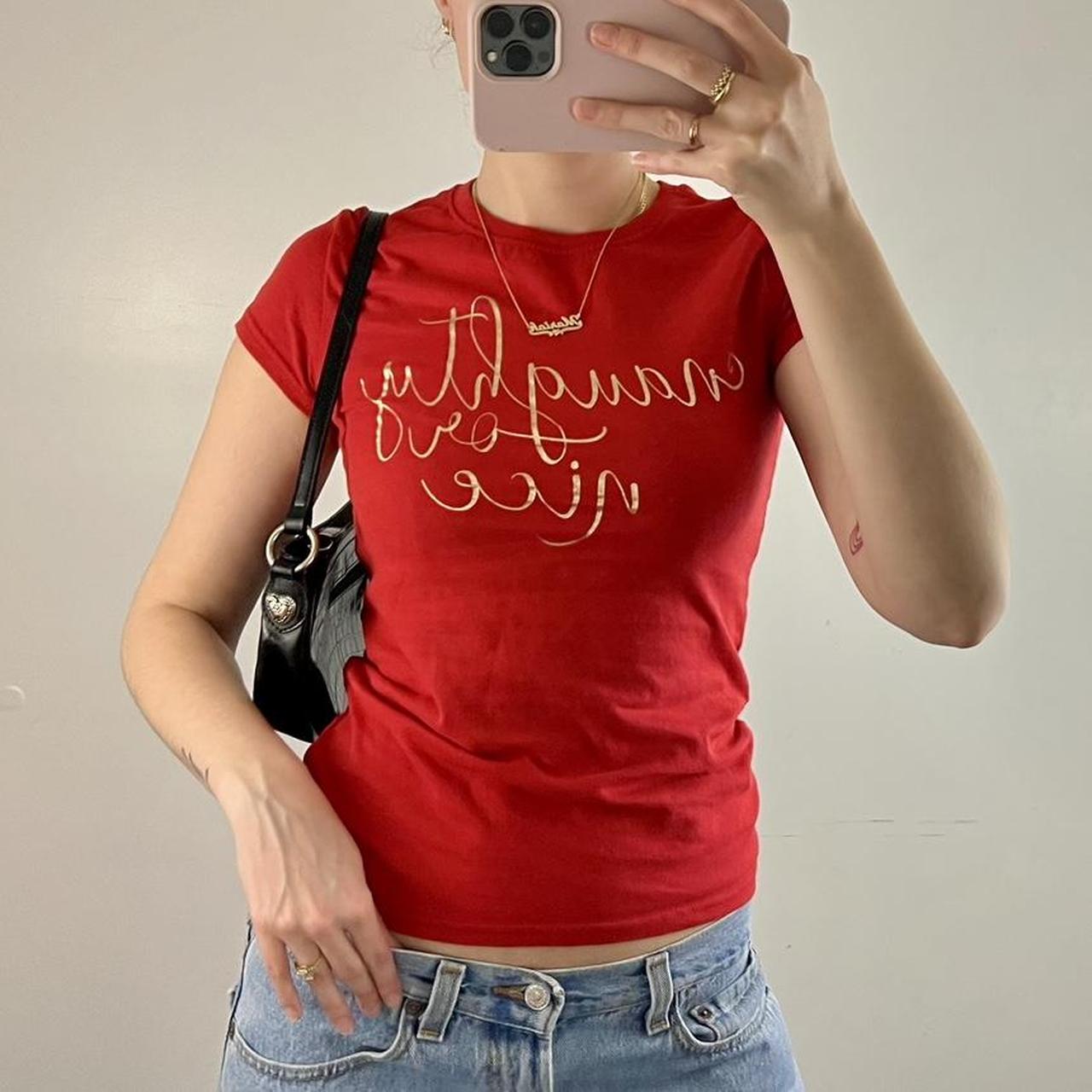 y2k red graphic t-shirt Red t-shirt with Naughty or... - Depop