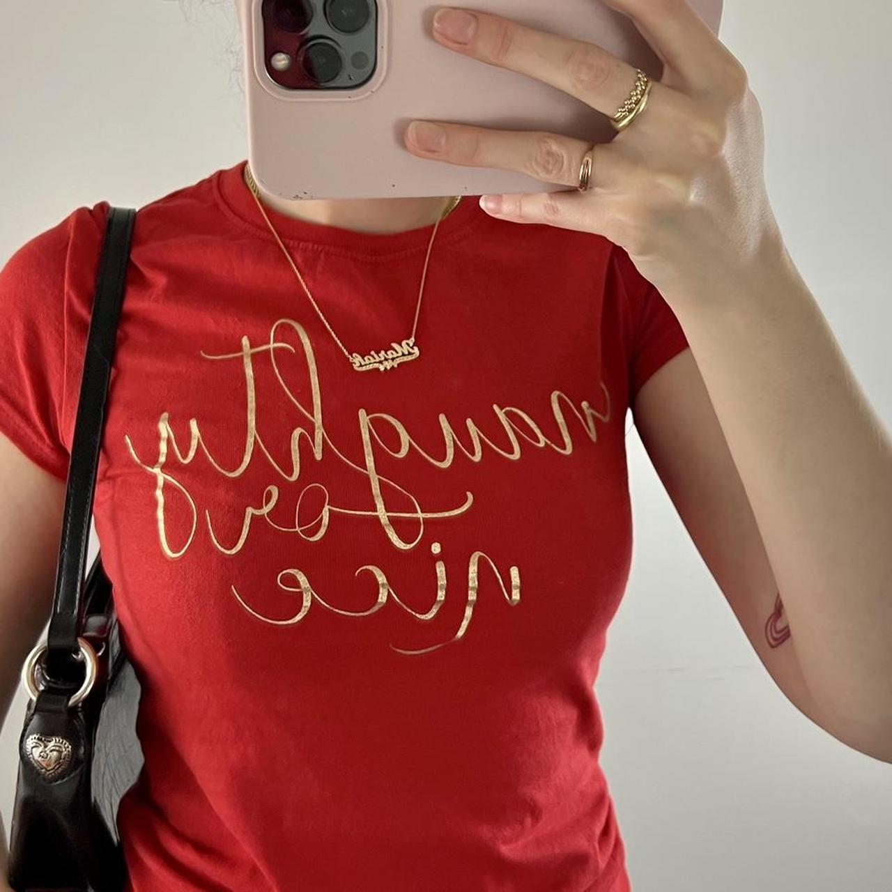 y2k red graphic t-shirt Red t-shirt with Naughty or... - Depop