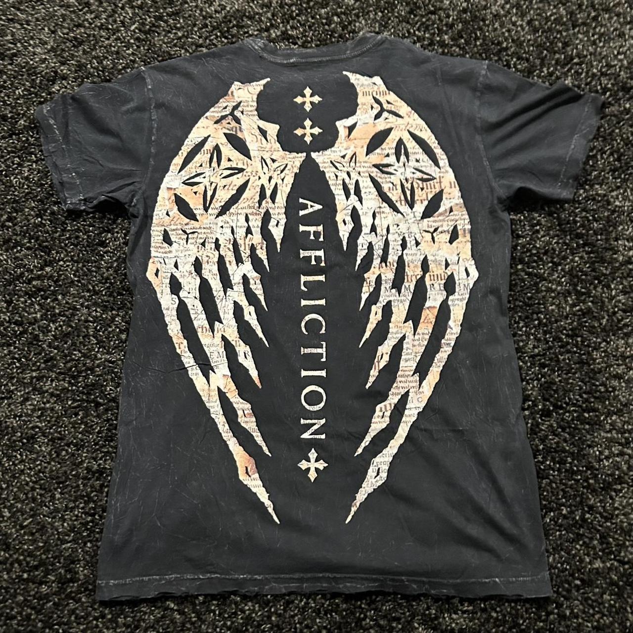 crazy hard affliction shirt with beige/tan color... - Depop