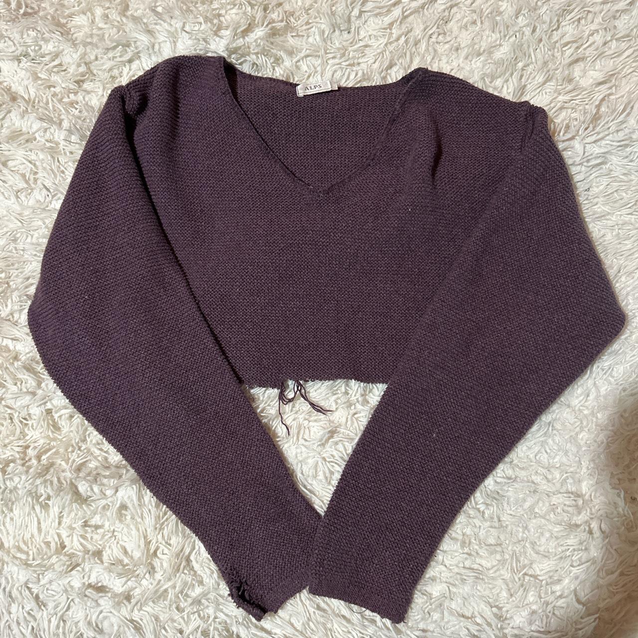 dark purple cropped knit top. vintage frayed edges,... - Depop