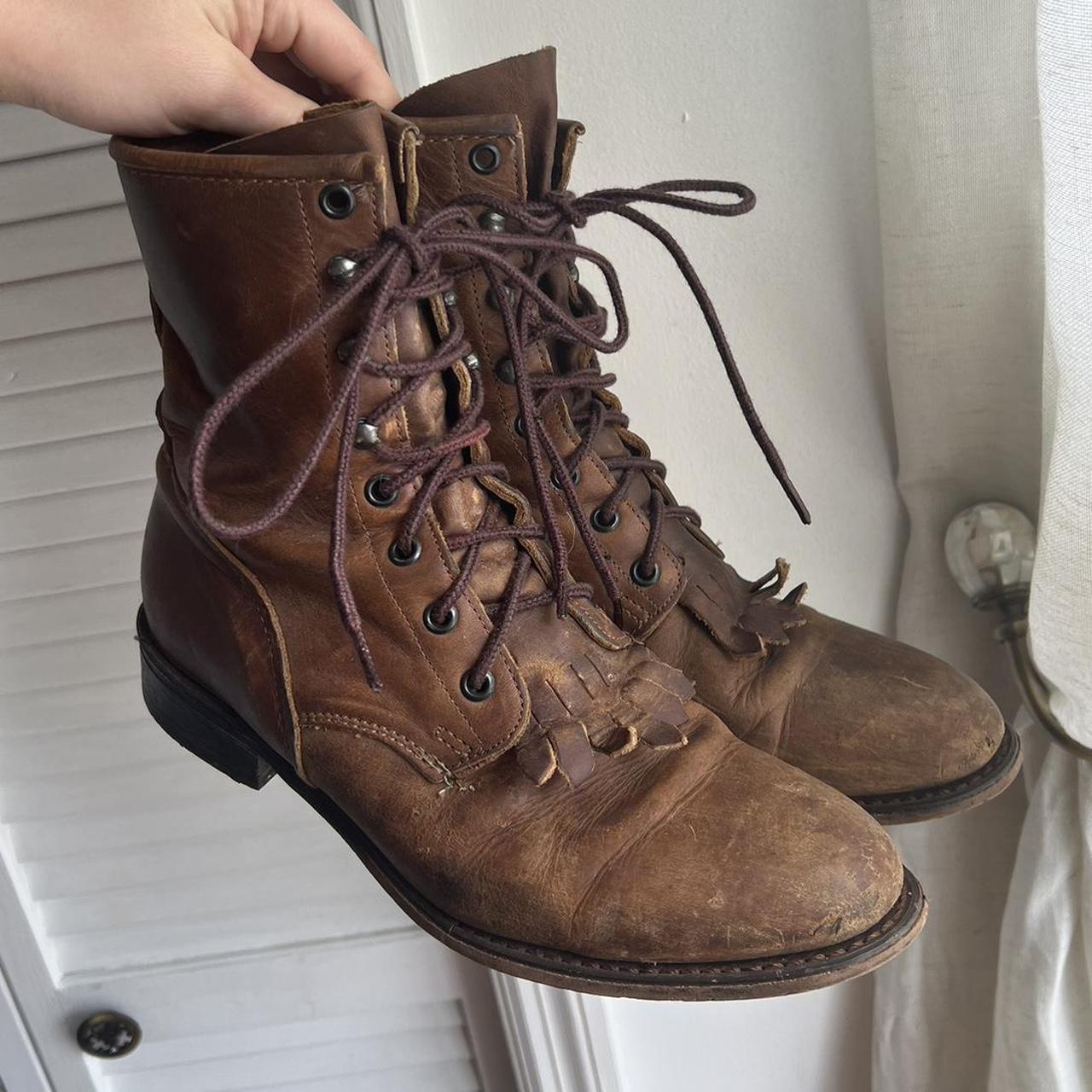 Vintage brown Roper western fringe lace up leather... - Depop