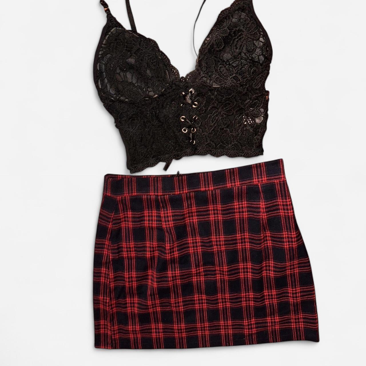 Punk girl Red and black plaid mini skirt with top.... | Depop