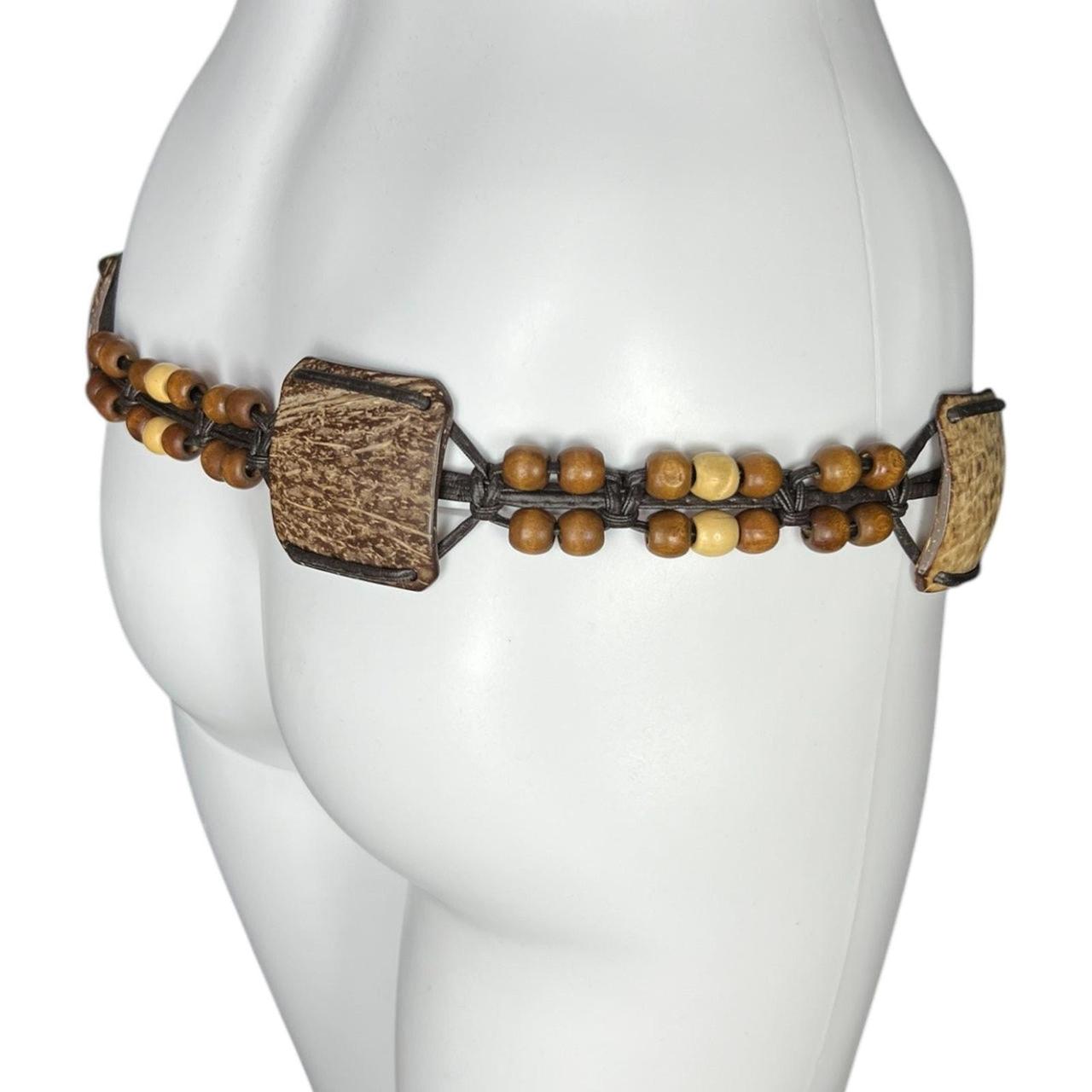 Vintage Wood Beaded Tie Belt Coconut Shell Fringe... | Depop