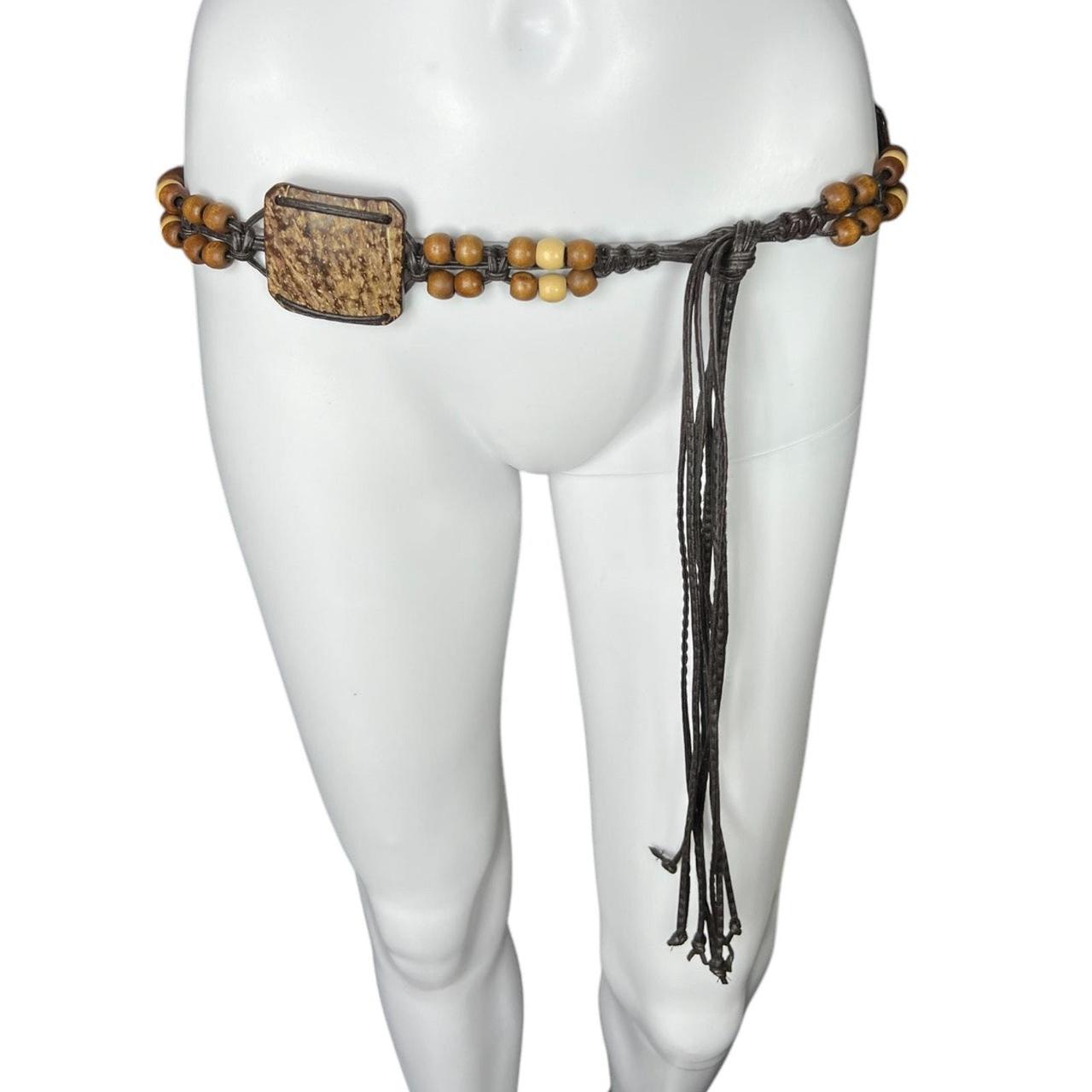 Vintage Wood Beaded Tie Belt Coconut Shell Fringe... | Depop