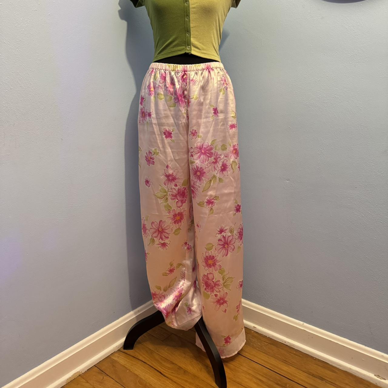Soft pink and green floral silk pants🌸🍃 | Depop