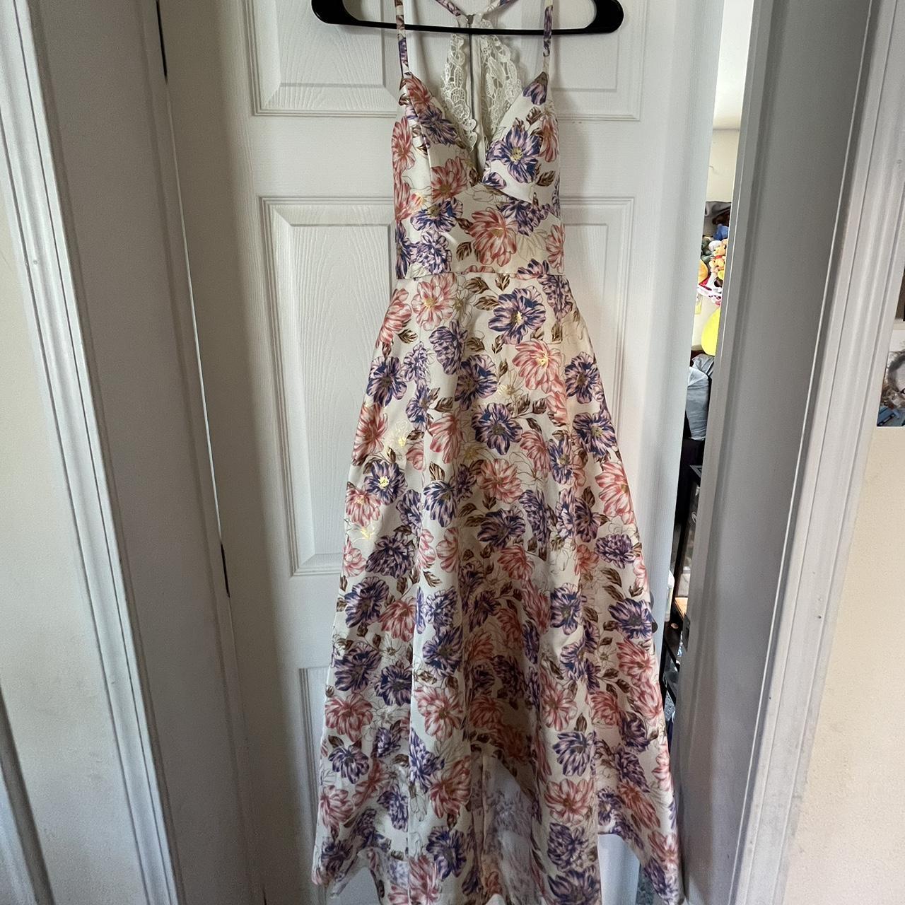 long floral laced back speechless prom dress can be... - Depop