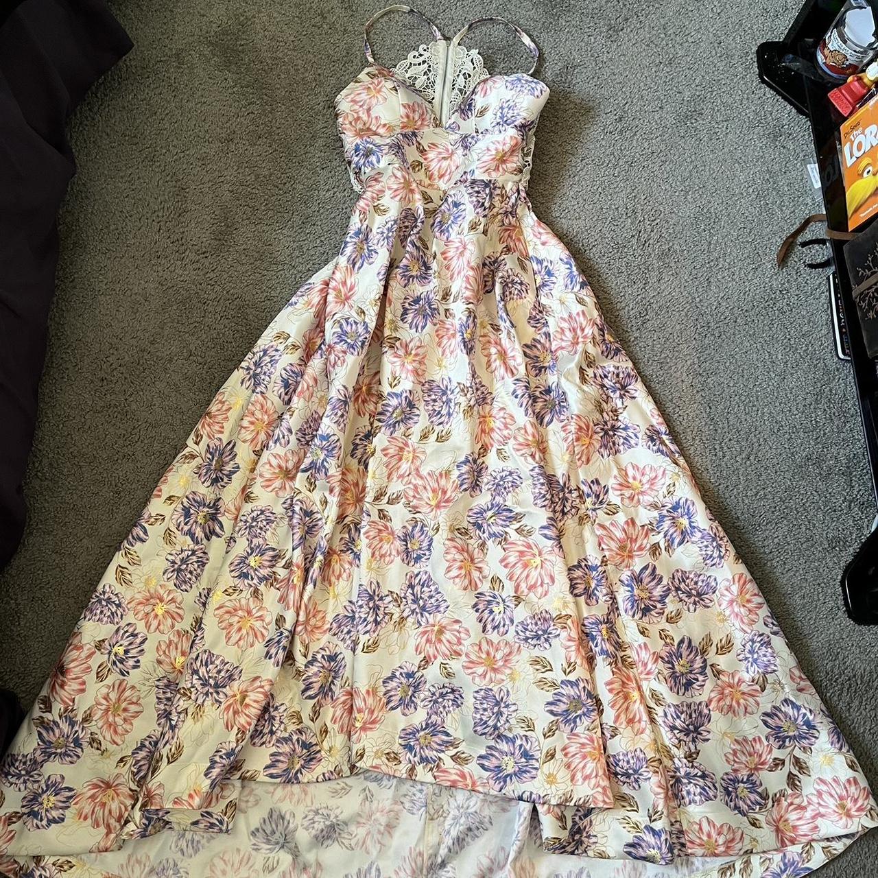 long floral laced back speechless prom dress can be... - Depop