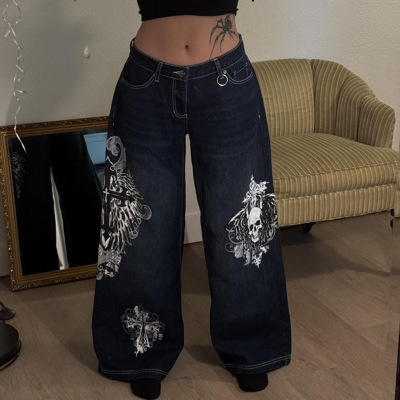 Hot topic Navy blue wide leg jeans with skulls and... - Depop