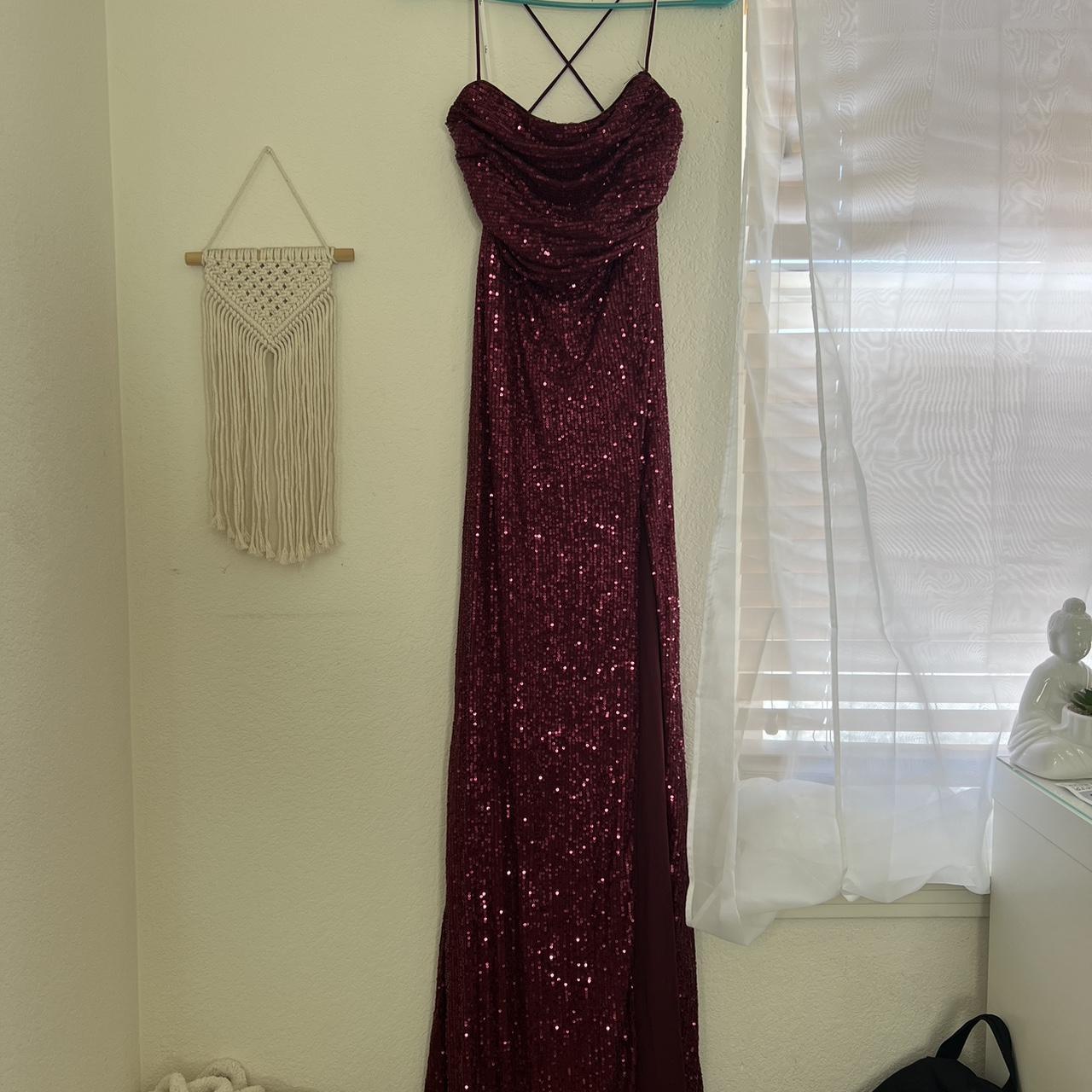 Maroon sequin slit prom dress with laced back worn... - Depop