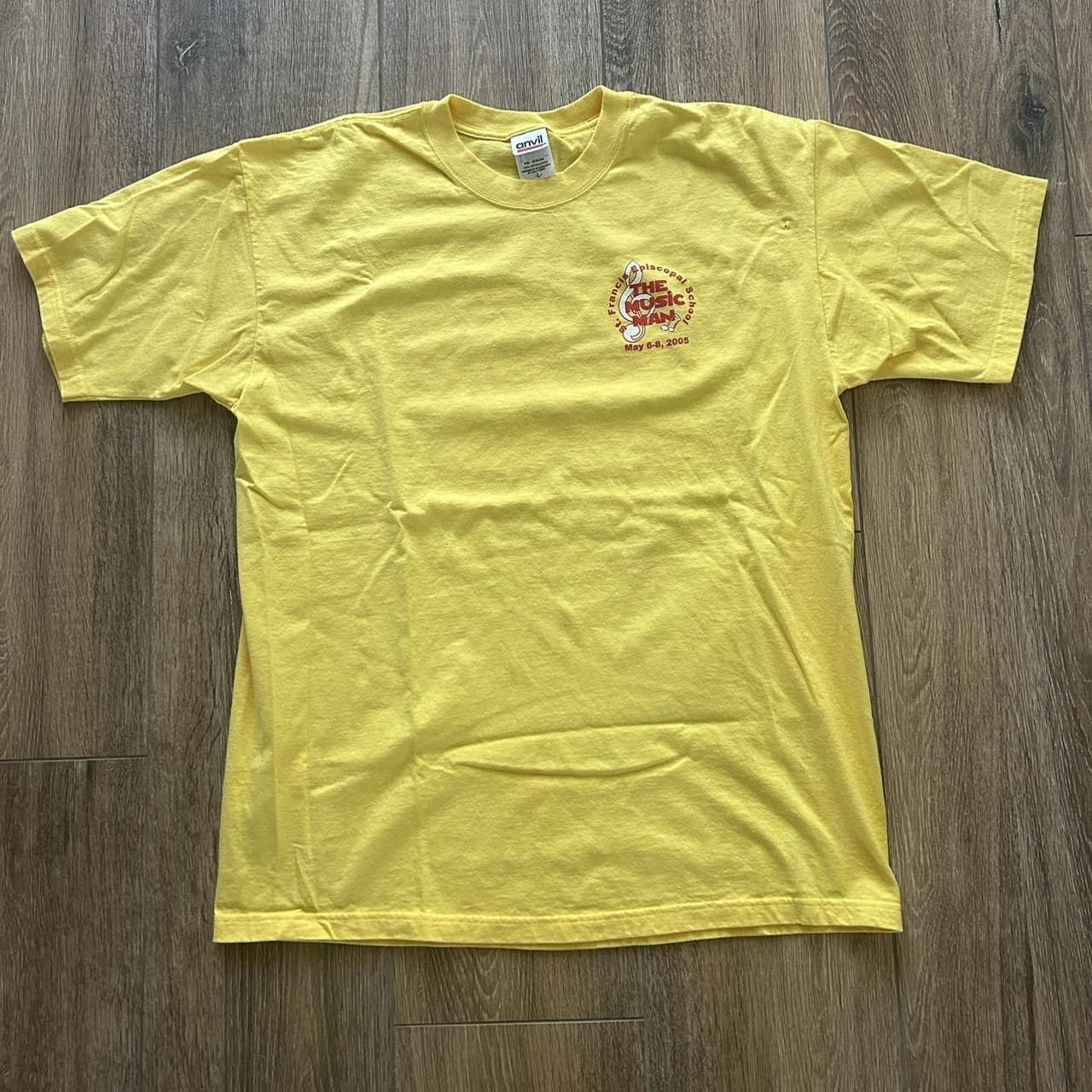 graphic tee yellow thrifted graphic tee with random... - Depop