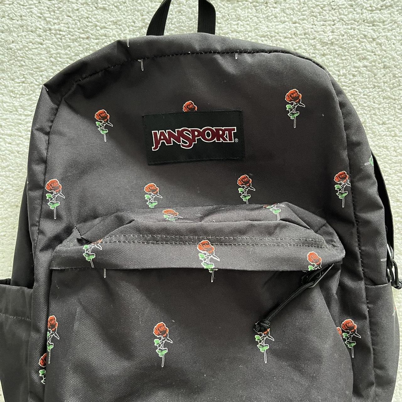 Jansport Backpack Black with Red Roses All... - Depop
