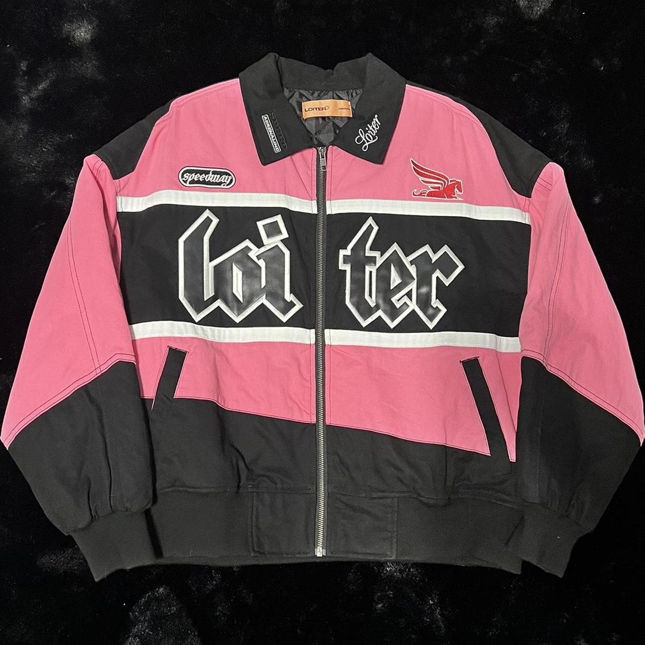 Loiter black and pink racer jacket with red... | Depop