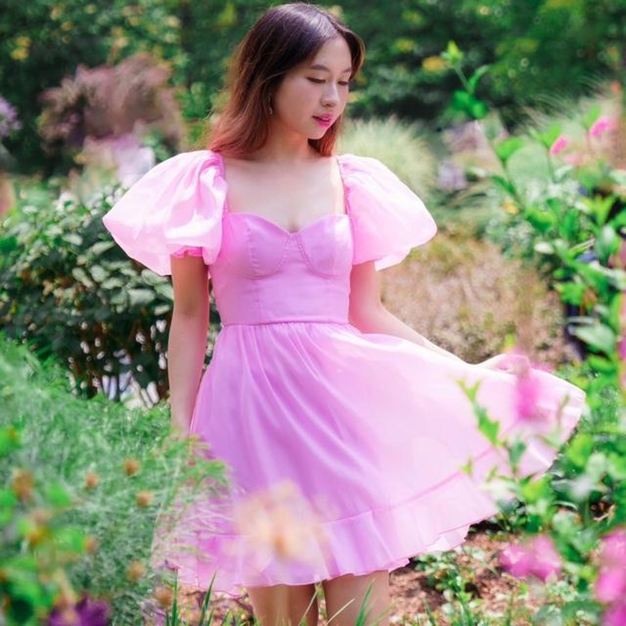 SHEIN pink puff sleeve sweetheart organza dress.... - Depop