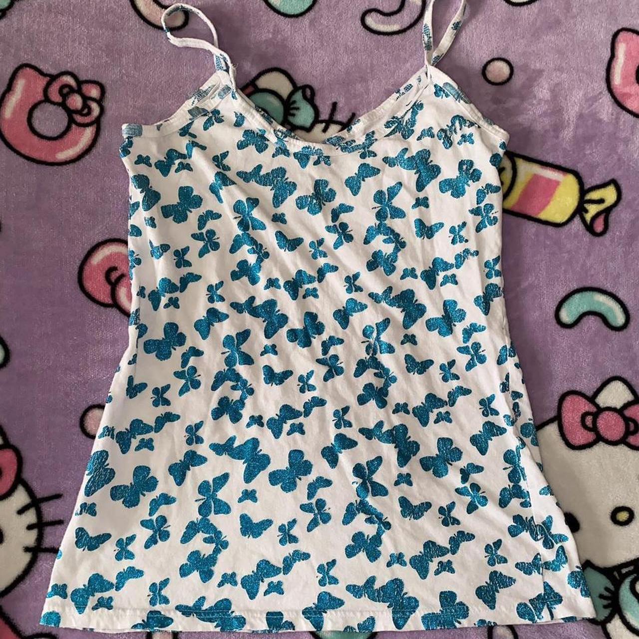 Cute white and blue butterfly print tank top... - Depop