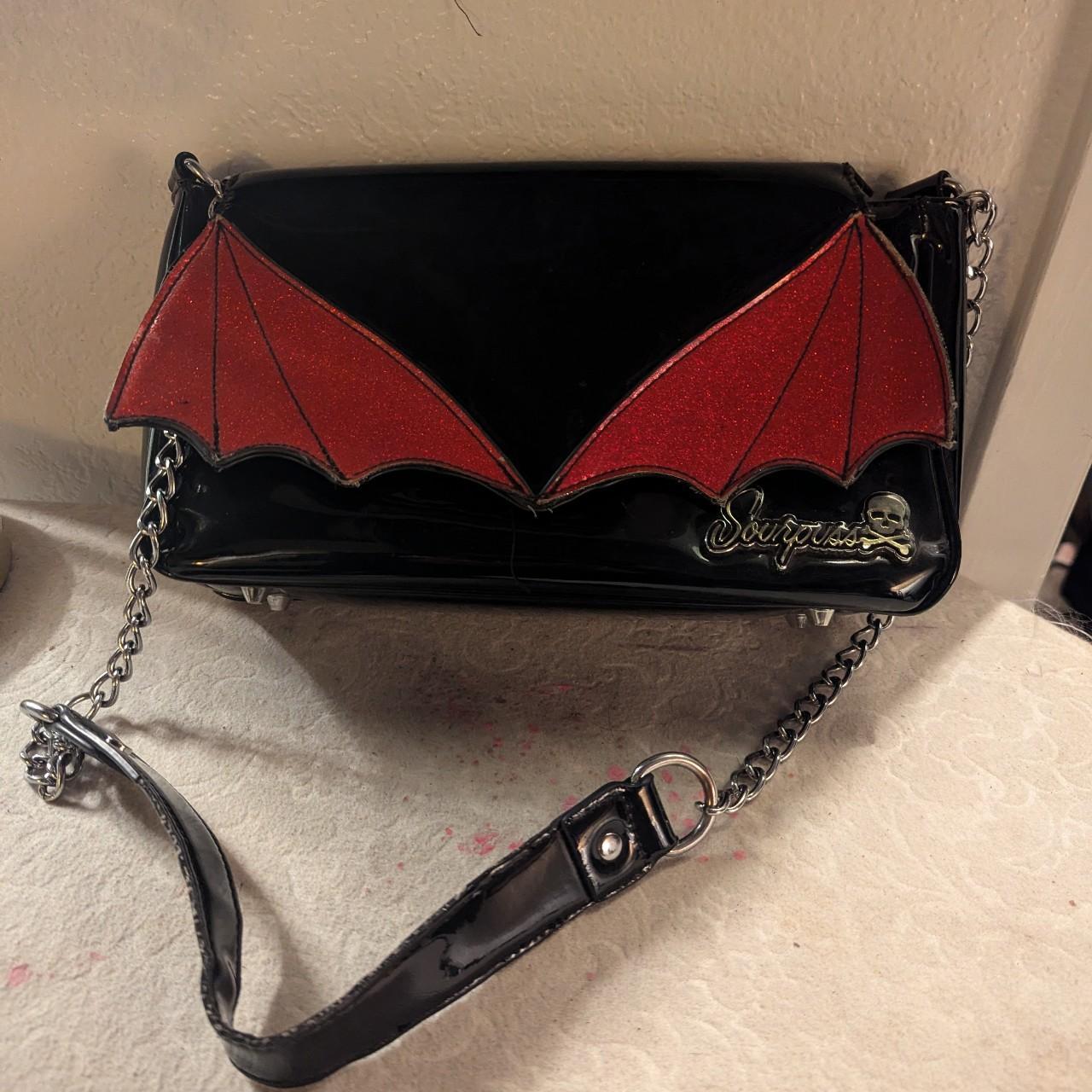 Vinyl goth purse with red glitter fleck bat wings... - Depop