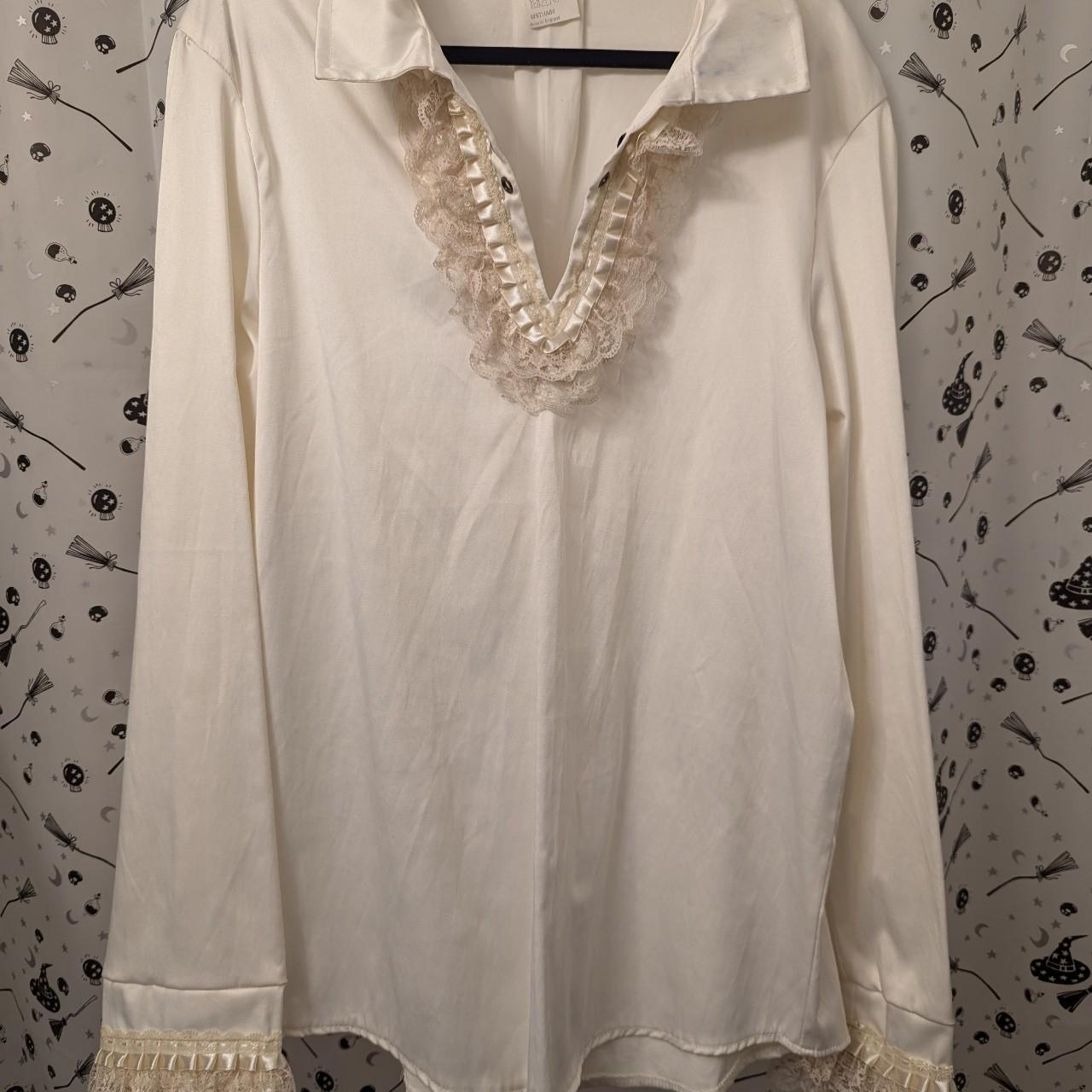 Gothic poet shirt, collar blouse off white satin,... - Depop