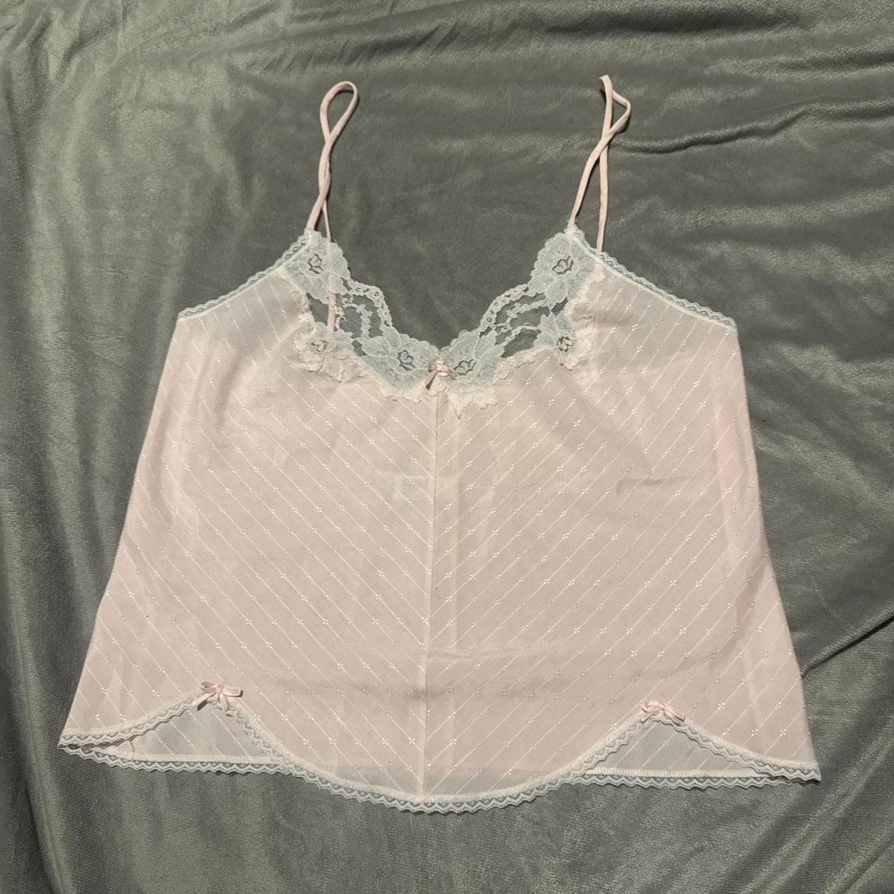 Pink and white lace slip top -fits like a medium ... | Depop