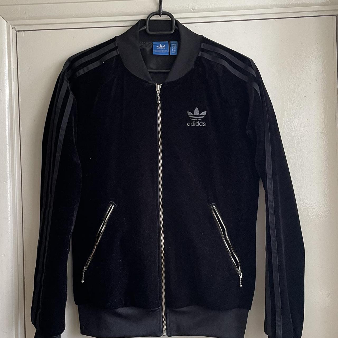 Adidas black velour velvet tracksuit jacket with... - Depop