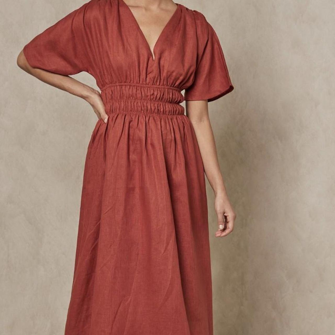 Aere linen shirred midi dress rust - brand new unworn | Depop