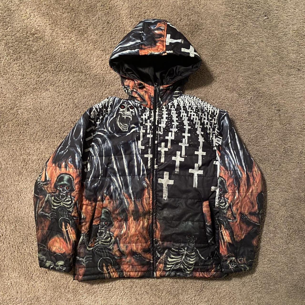 isolation war is hell puffer jacket all over skull... - Depop
