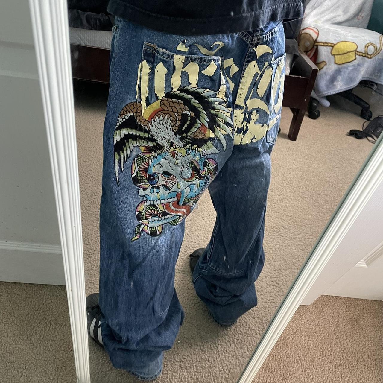 Eagle logo Authentic Ed Hardy embroidered jeans in... - Depop