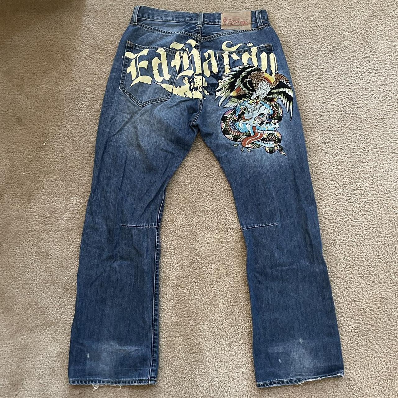 Eagle logo Authentic Ed Hardy embroidered jeans in... - Depop