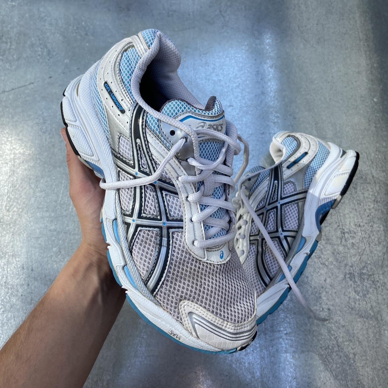 ASICS Women's White and Blue Trainers | Depop