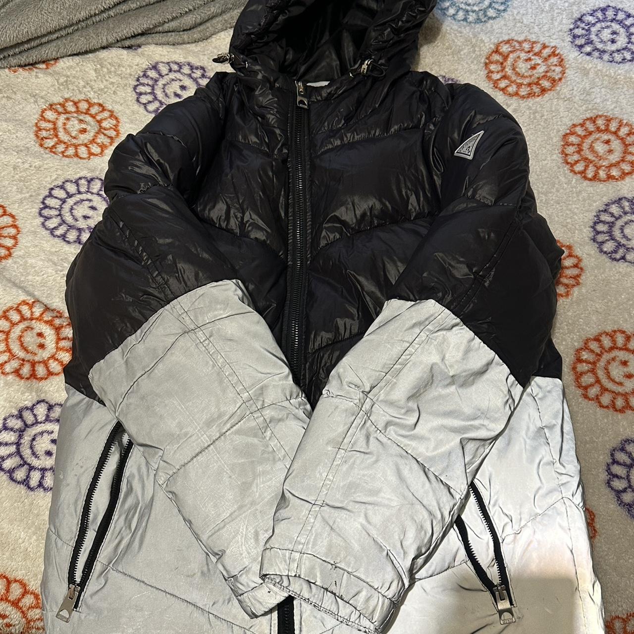 Black and white reflective puffer jacket with hood... | Depop