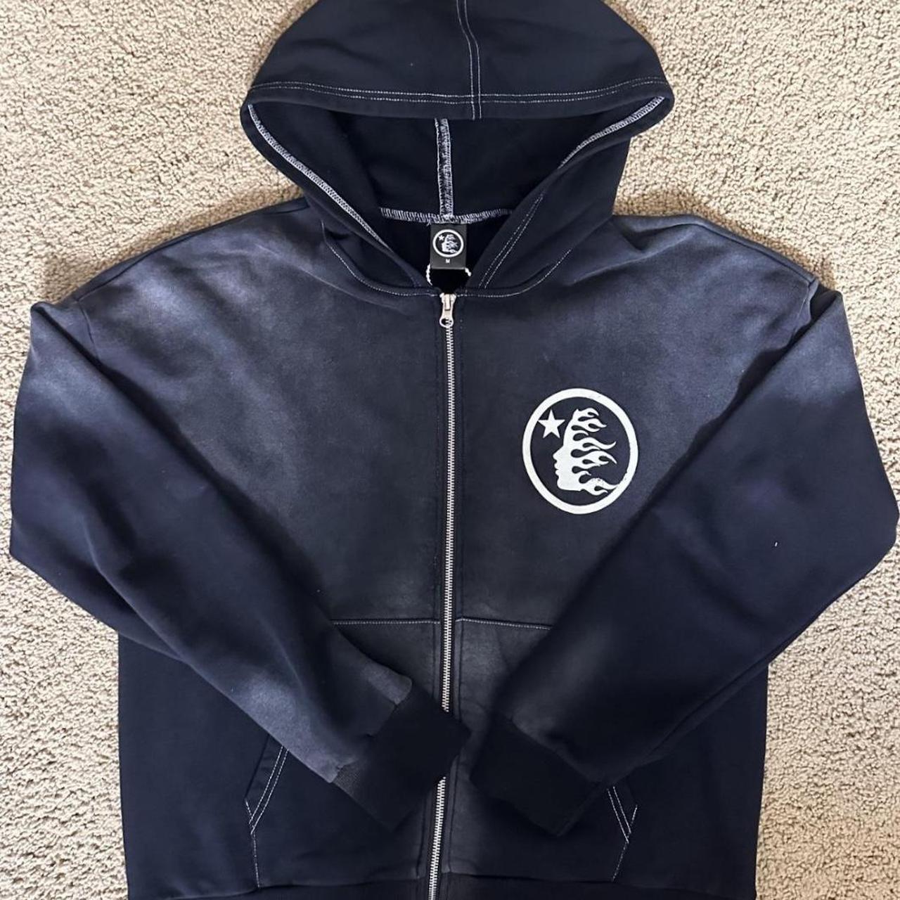 Black and white Hellstar zip-up hoodie with a... | Depop
