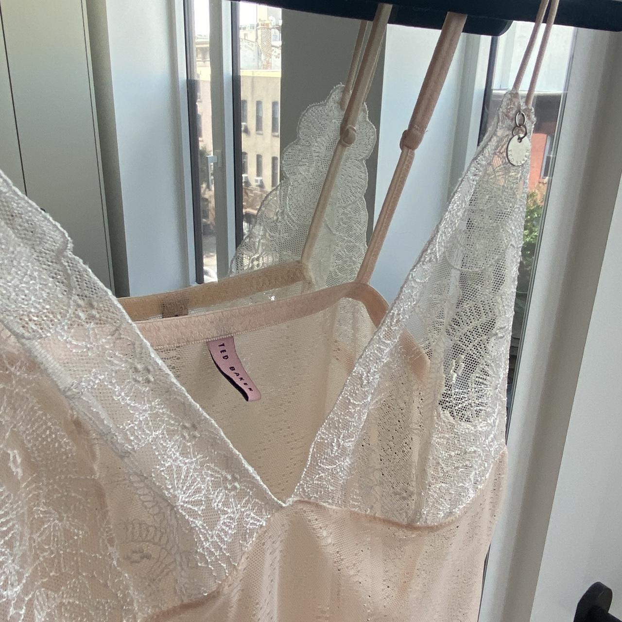 Sheer pink and white lace shirt negligee Super cute... - Depop