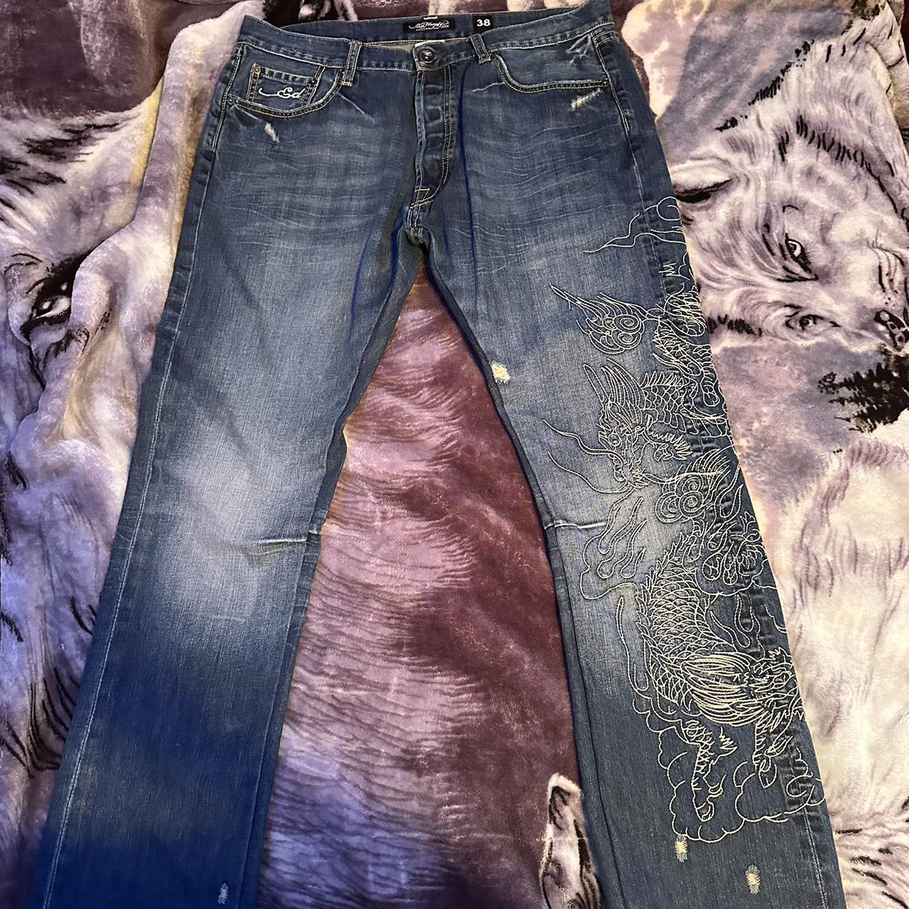 Crazy rare dragon embroidered Ed hardy jeans they’re... - Depop