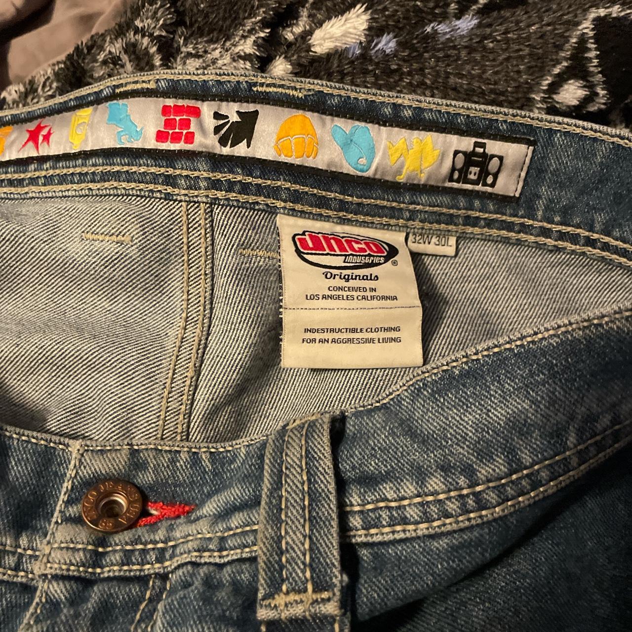 Jnco jeans rollin 32x30 cut to 28 about crazy fire... - Depop