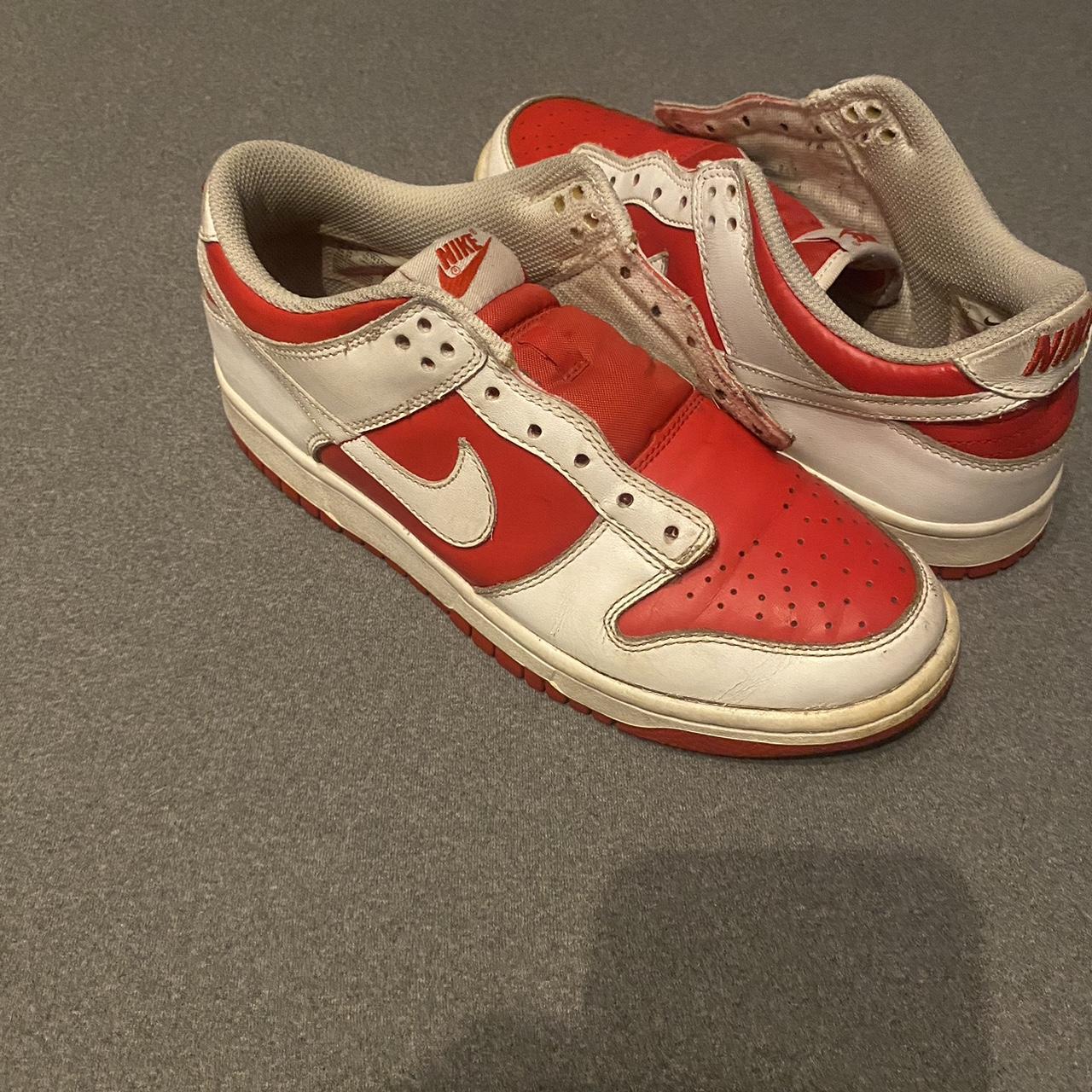 Used red and white Nike dunks, no laces. Size 6y. No... - Depop
