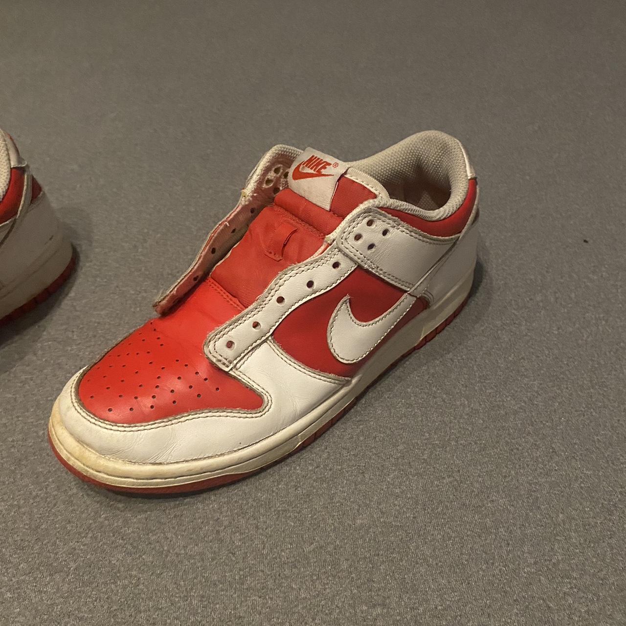 Used red and white Nike dunks, no laces. Size 6y. No... - Depop