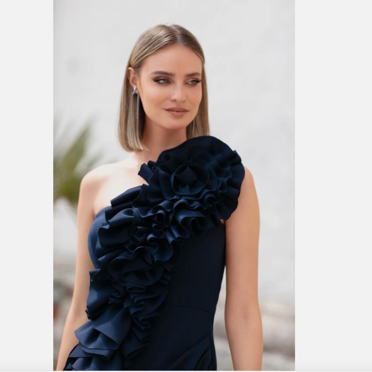 NEW BETSY & ADAM Navy 3D ROSETTE Scuba ONE SHOULDER... - Depop