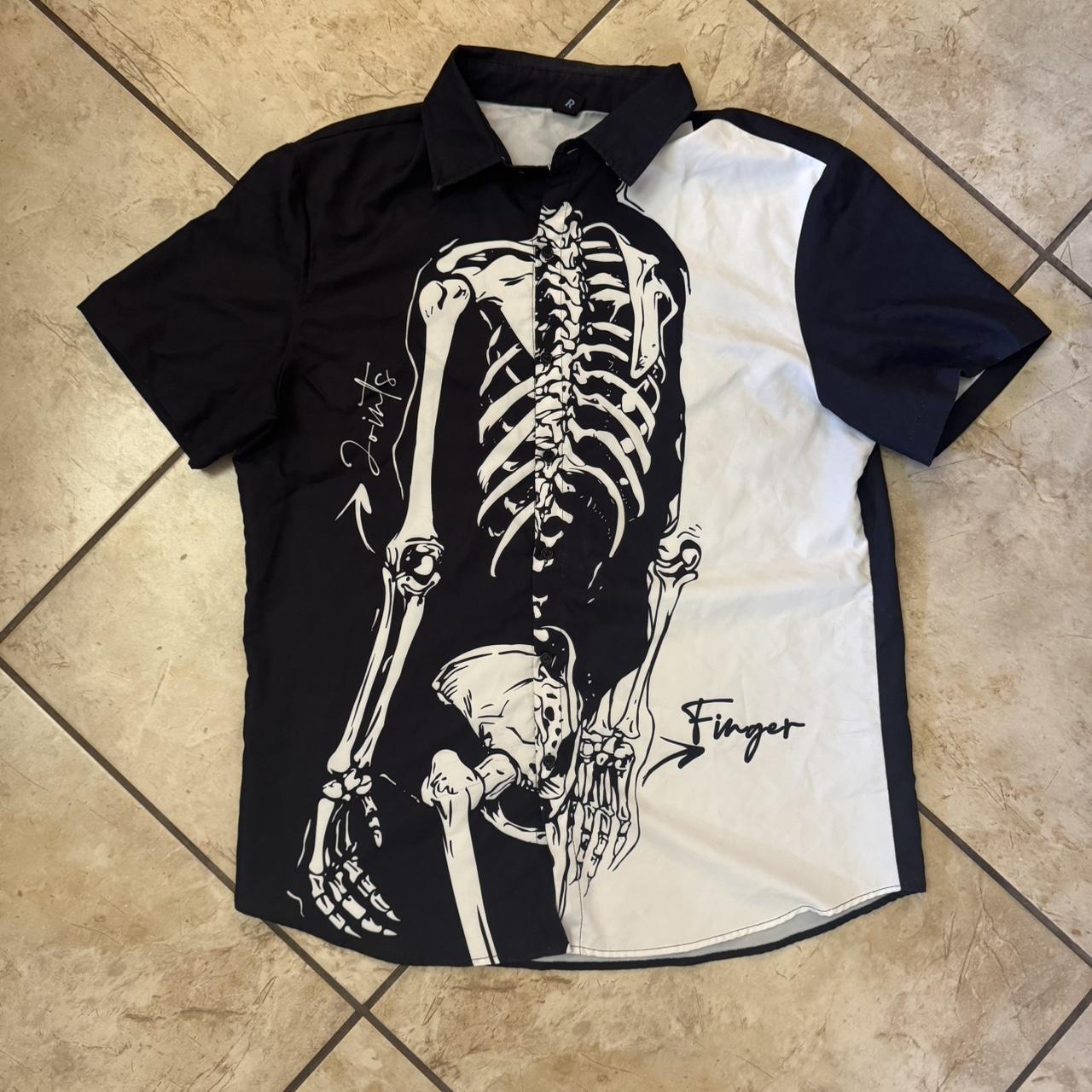 Black and white skeleton button-up shirt #goth... | Depop