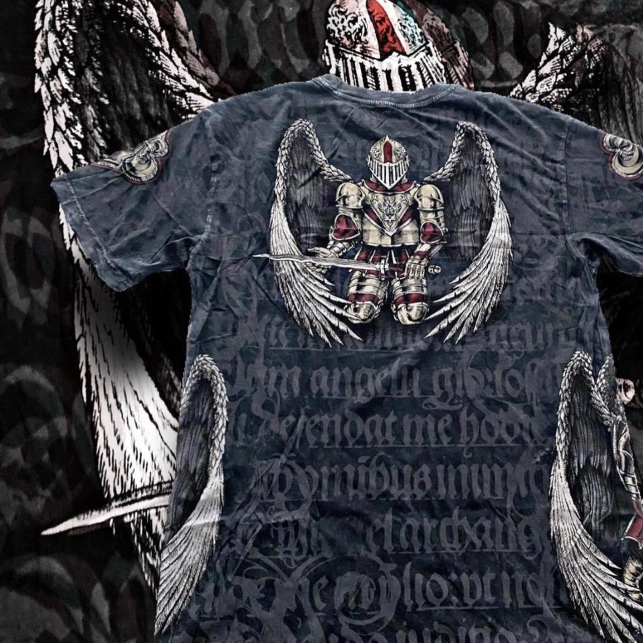Affliction knight scroll text t shirt Size Large... - Depop