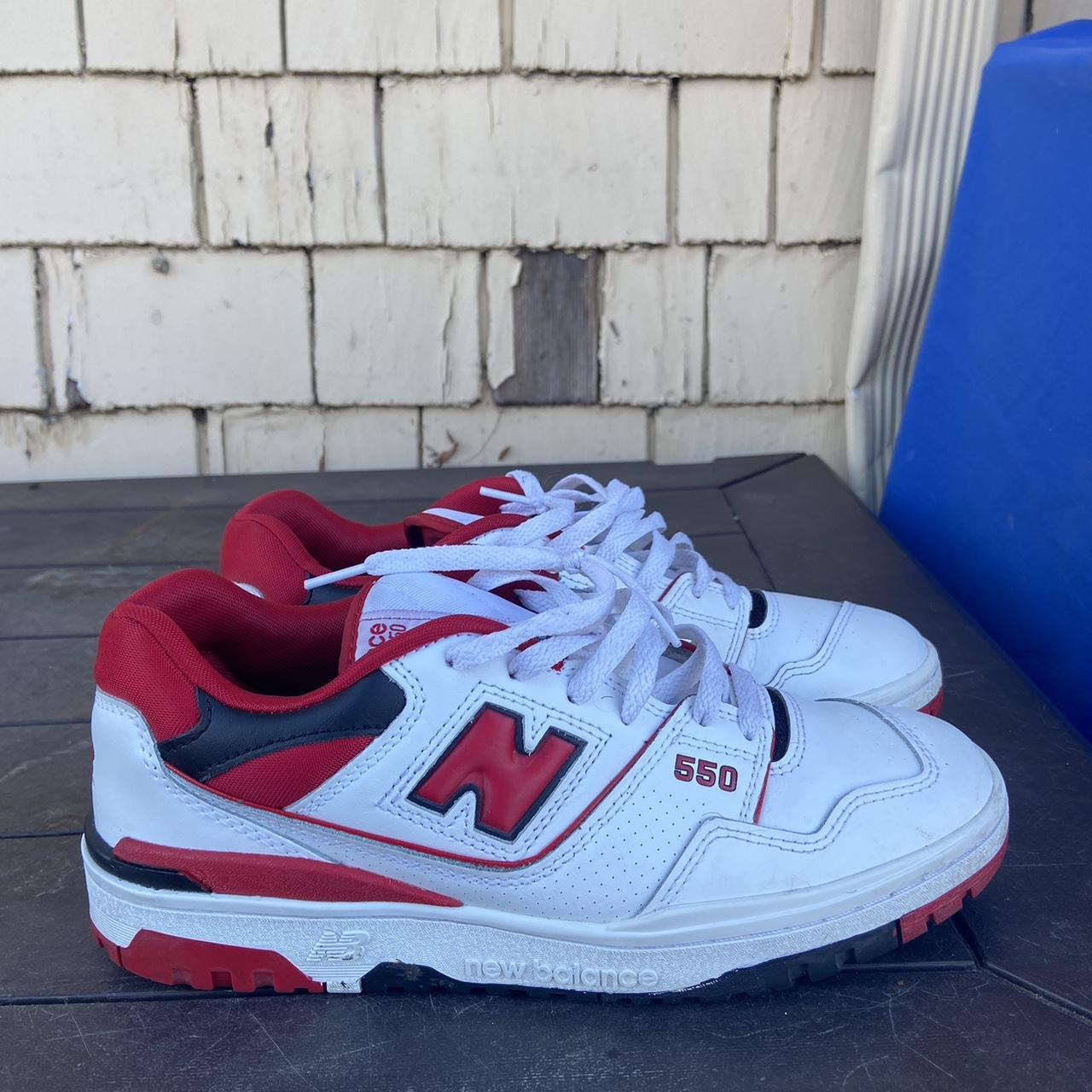 red and white 550 new balances worn a bit will... - Depop