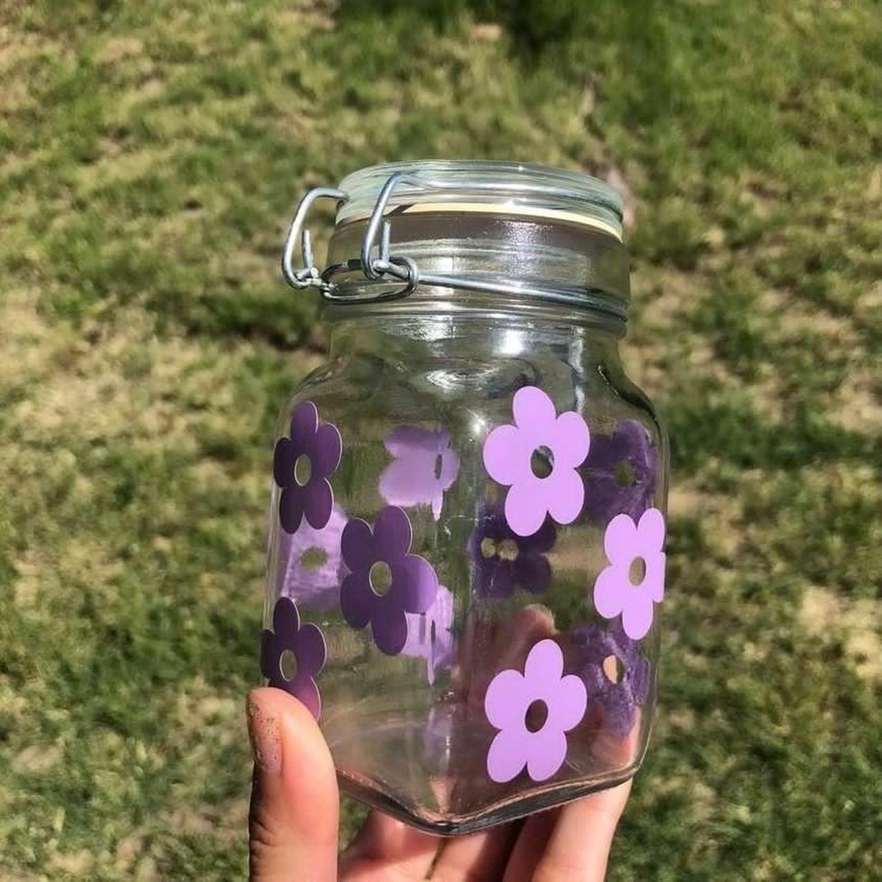 Flower Decorated Glass Jar 🌼 Cute jar for storage... - Depop