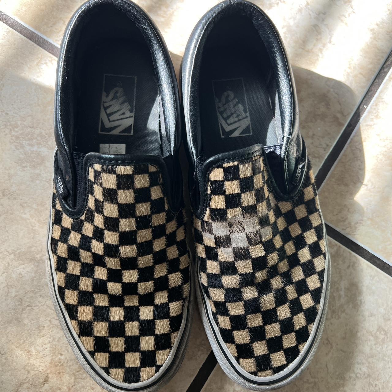 Super cute checkered fur vans with leather accent... | Depop