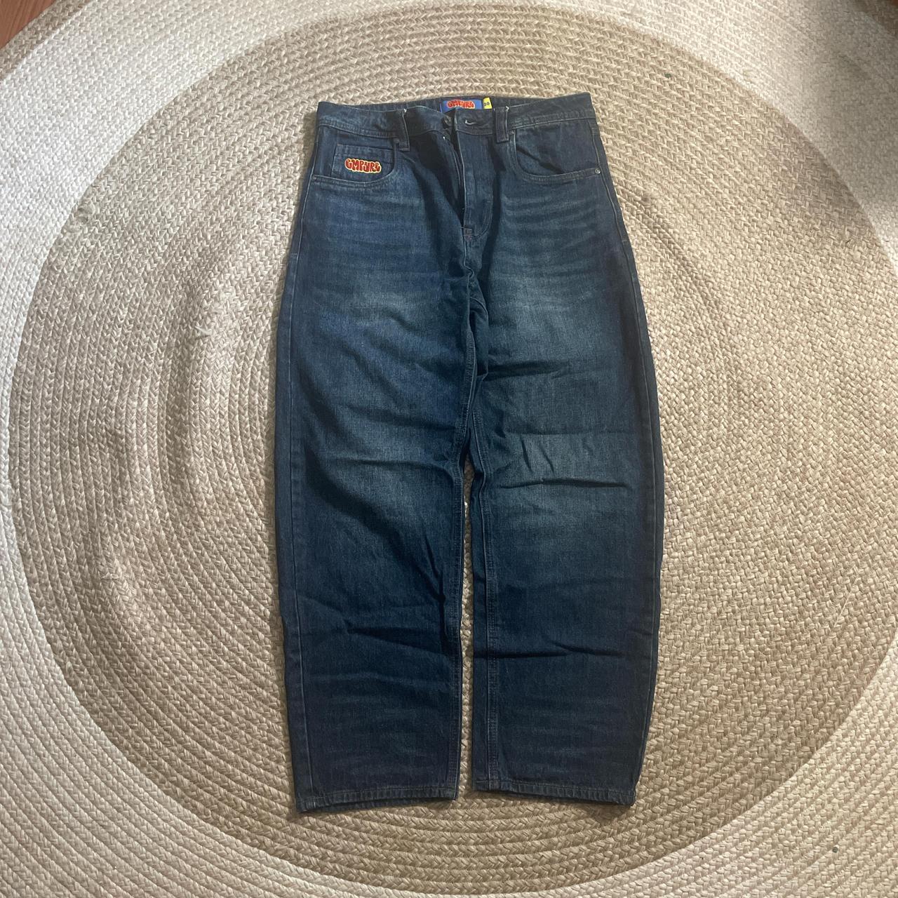 Empyre dark blue baggy jeans with embroidered patch... | Depop