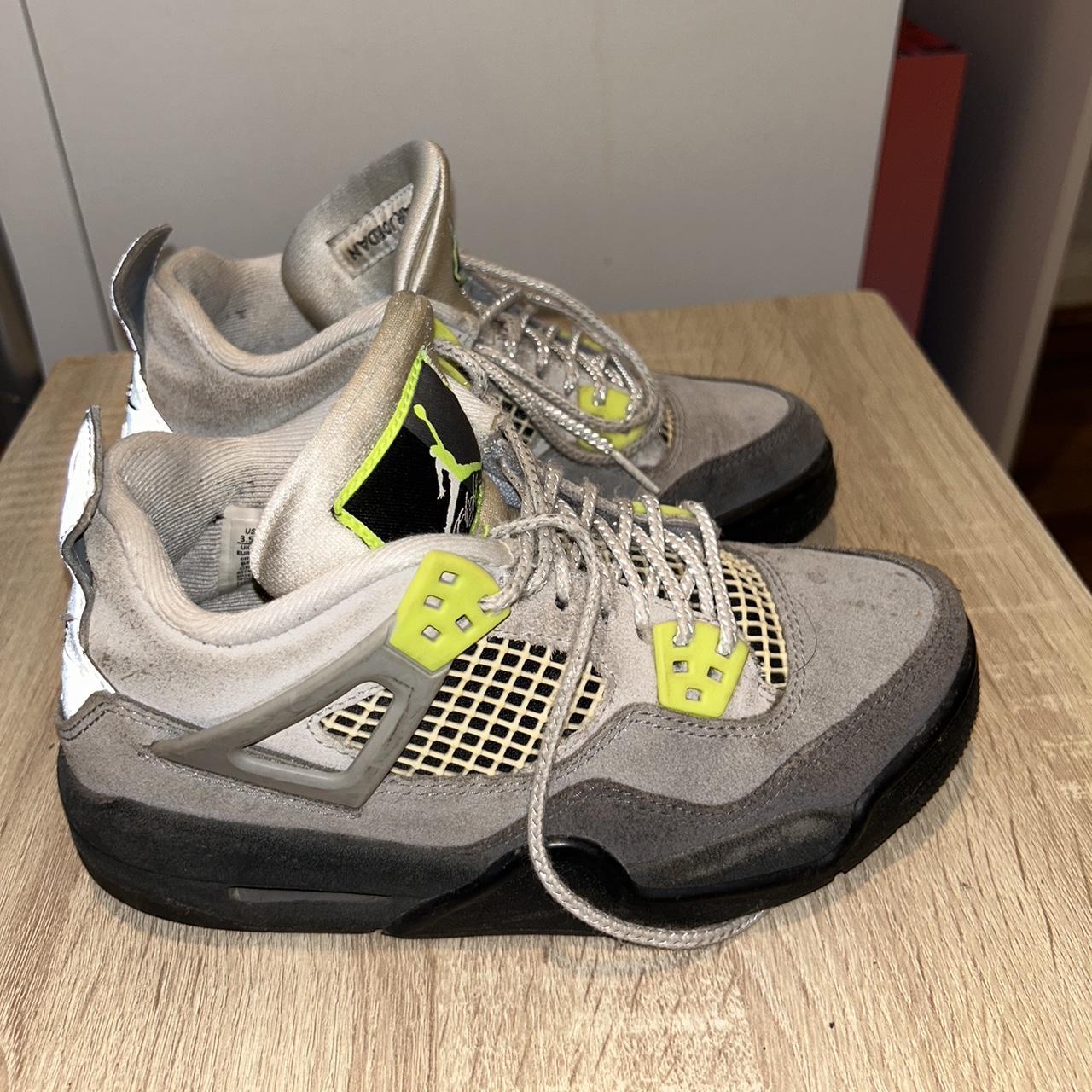 Jordan 4s grey and neon Green size 3 worn - Depop