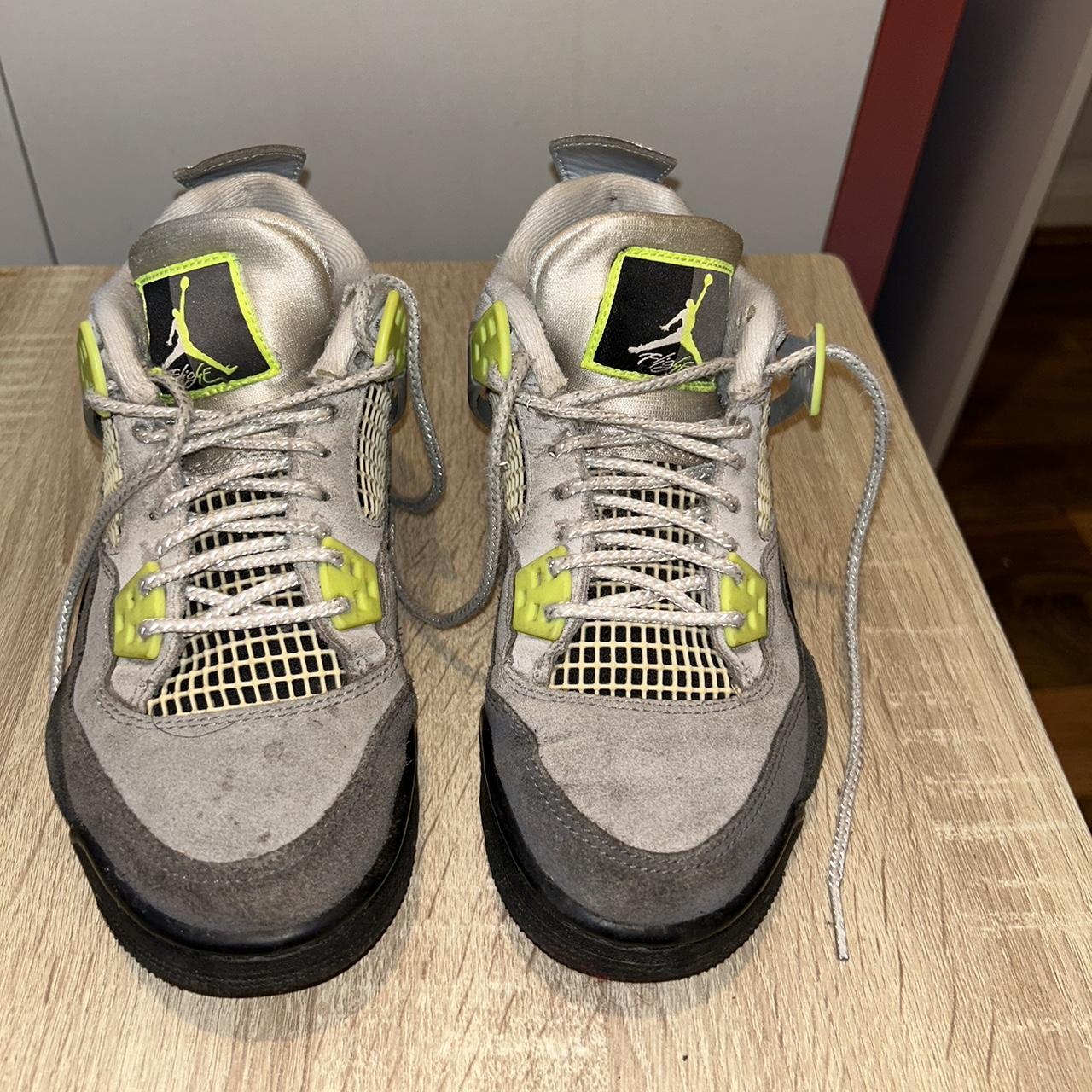 Jordan 4s grey and neon Green size 3 worn - Depop