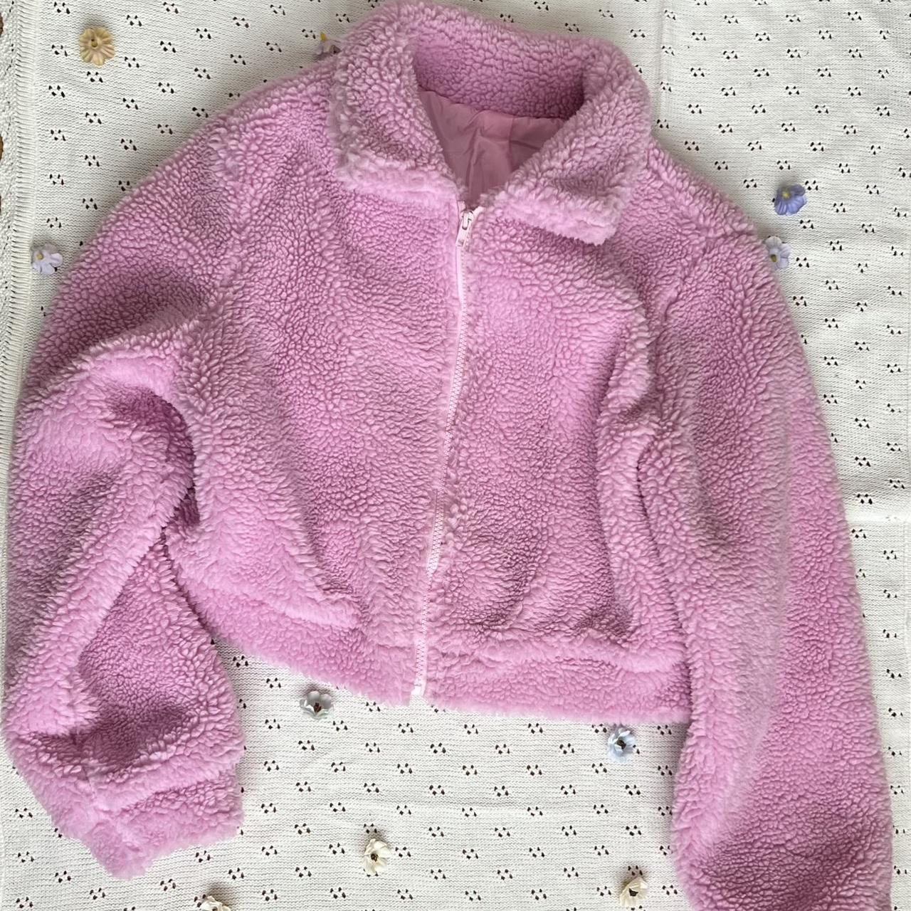 ⊹♡ Pink cropped teddy jacket ₊˚⊹♡ 📏Size:... - Depop