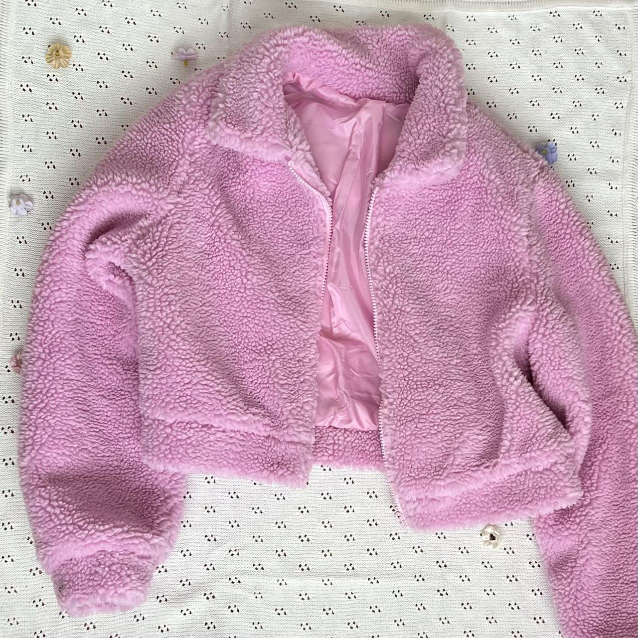 ⊹♡ Pink cropped teddy jacket ₊˚⊹♡ 📏Size:... - Depop